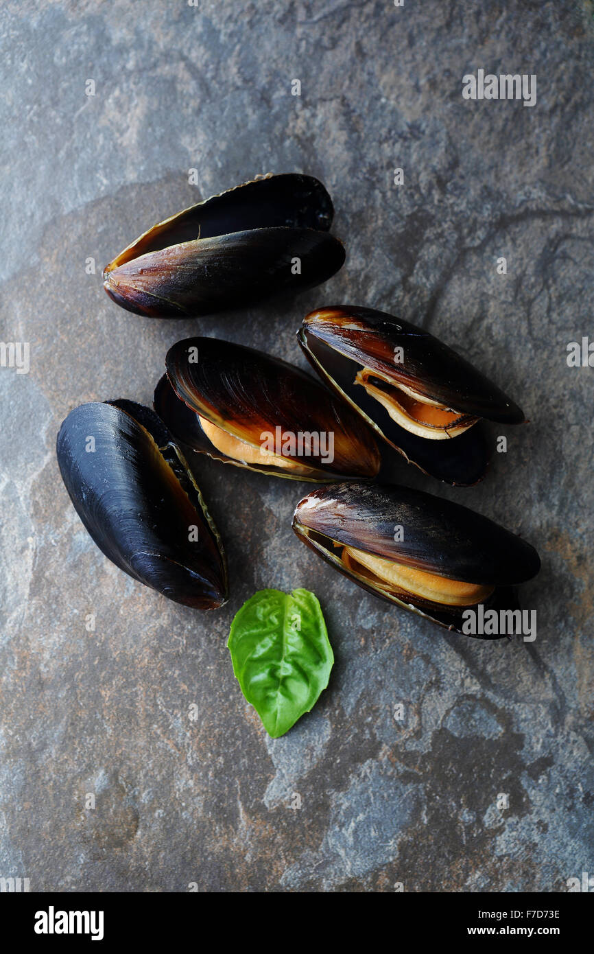mussels and basil leaves, food top view Stock Photo - Alamy