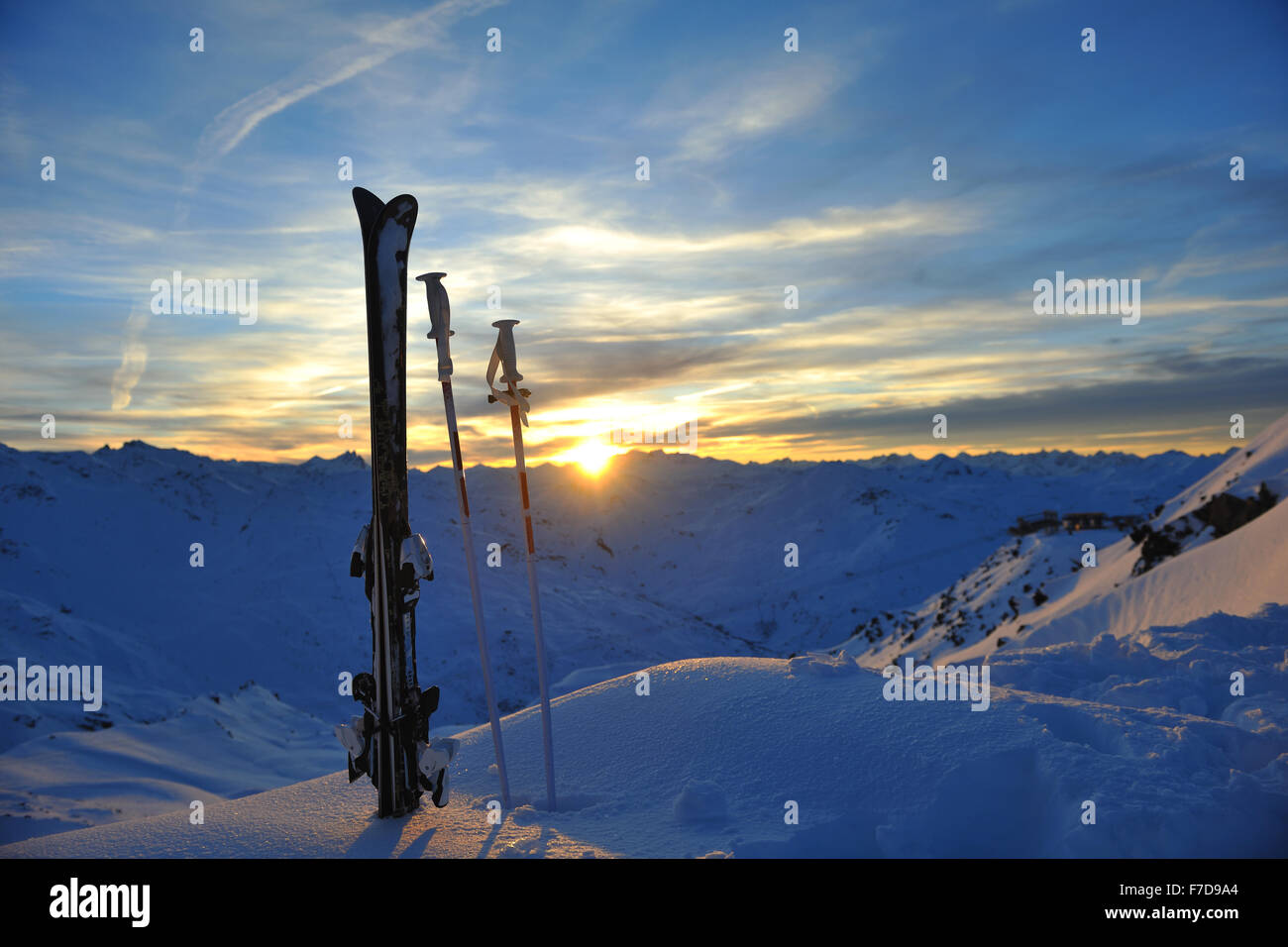 mountain snow ski with beautiful sunset in background Stock Photo - Alamy