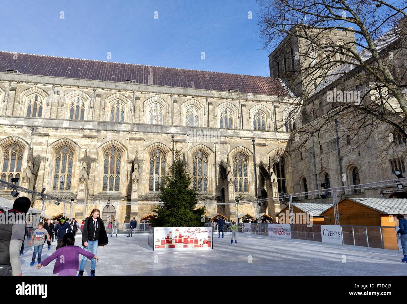 Ice skating rink in the grounds of Winchester cathedral Hampshire UK ...