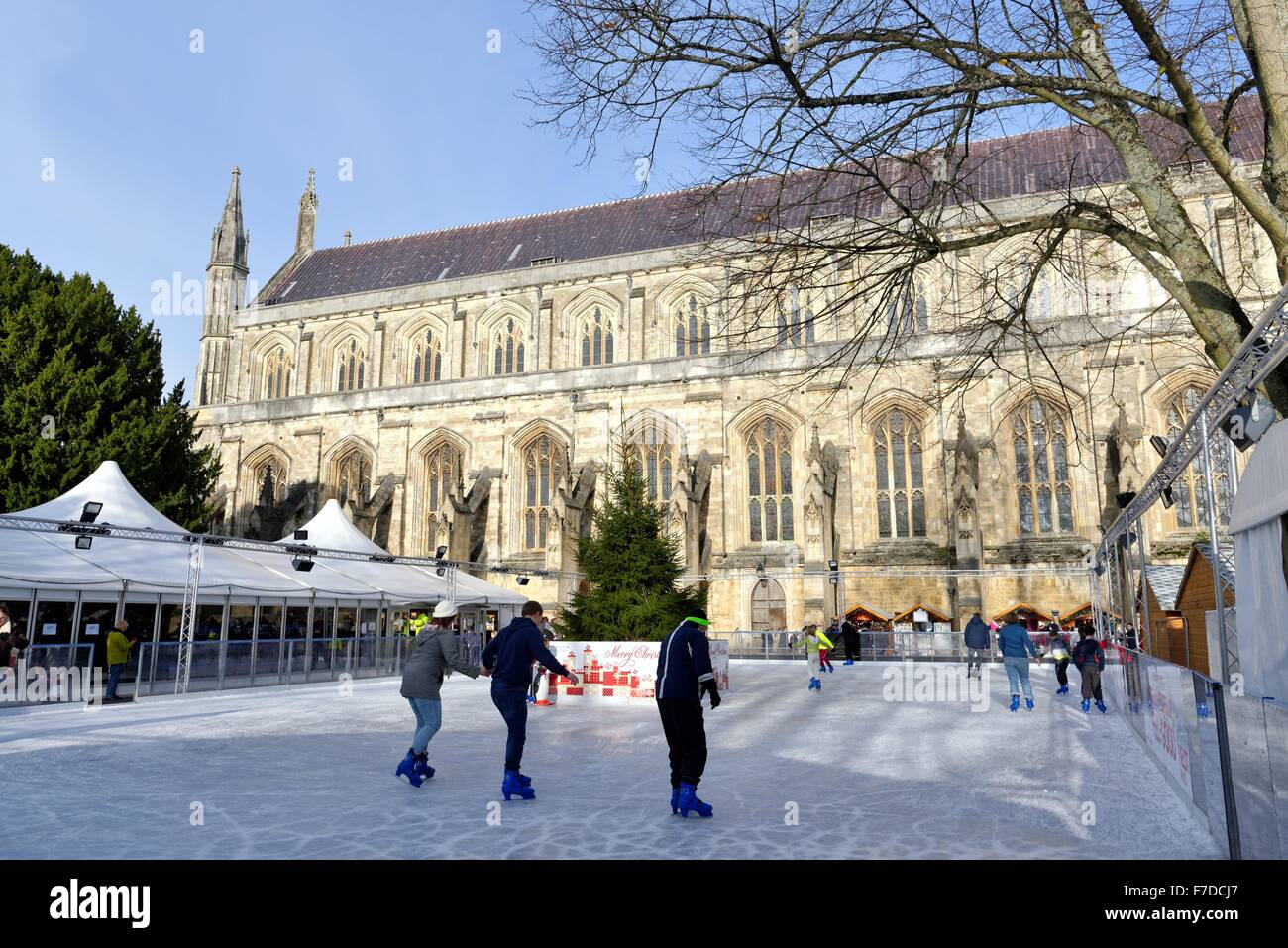 Ice skating rink in the grounds of Winchester cathedral Hampshire UK ...