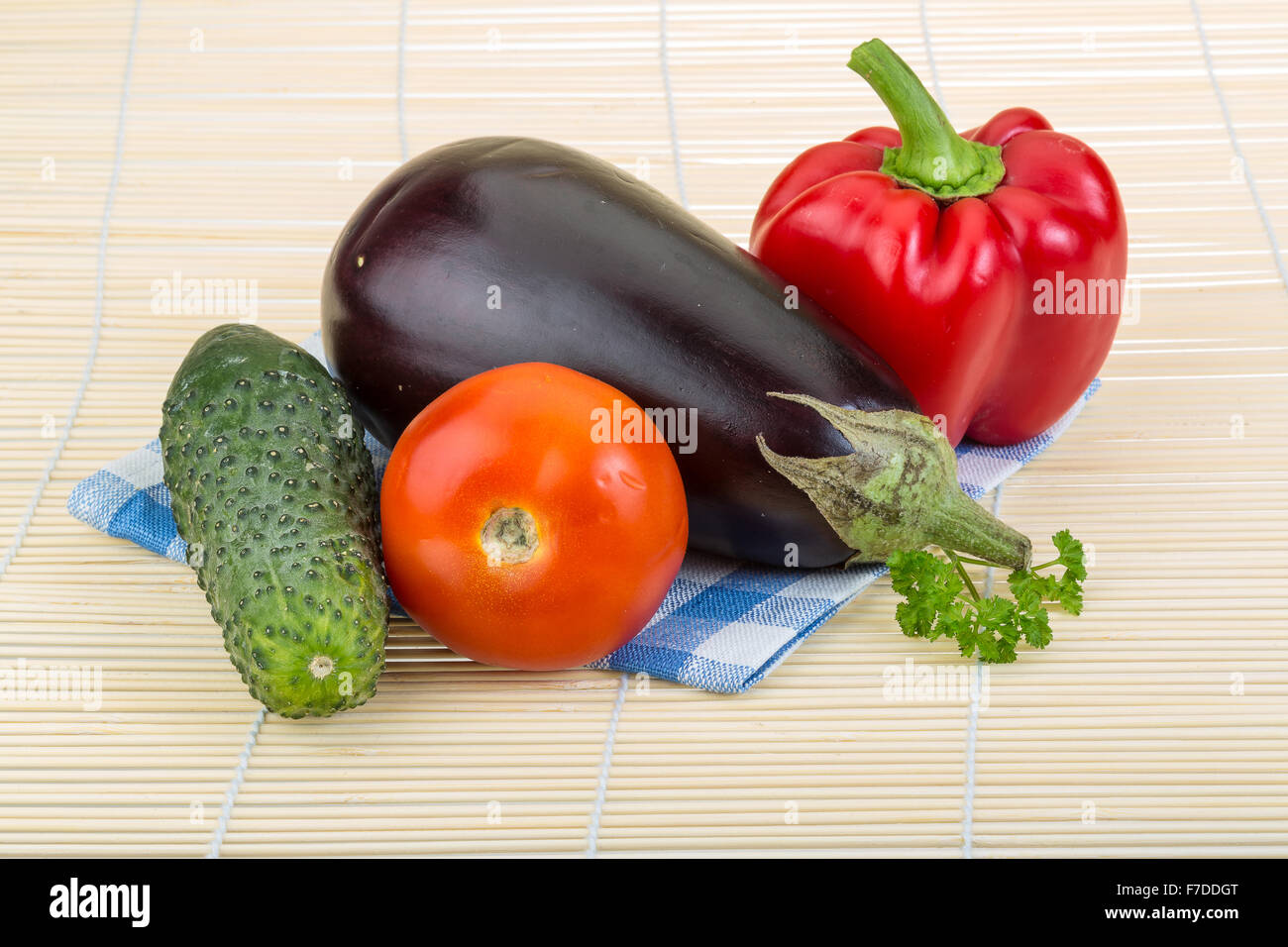 Vegetable assortment: tomato, cucumber, pepper, aubergine Stock Photo ...
