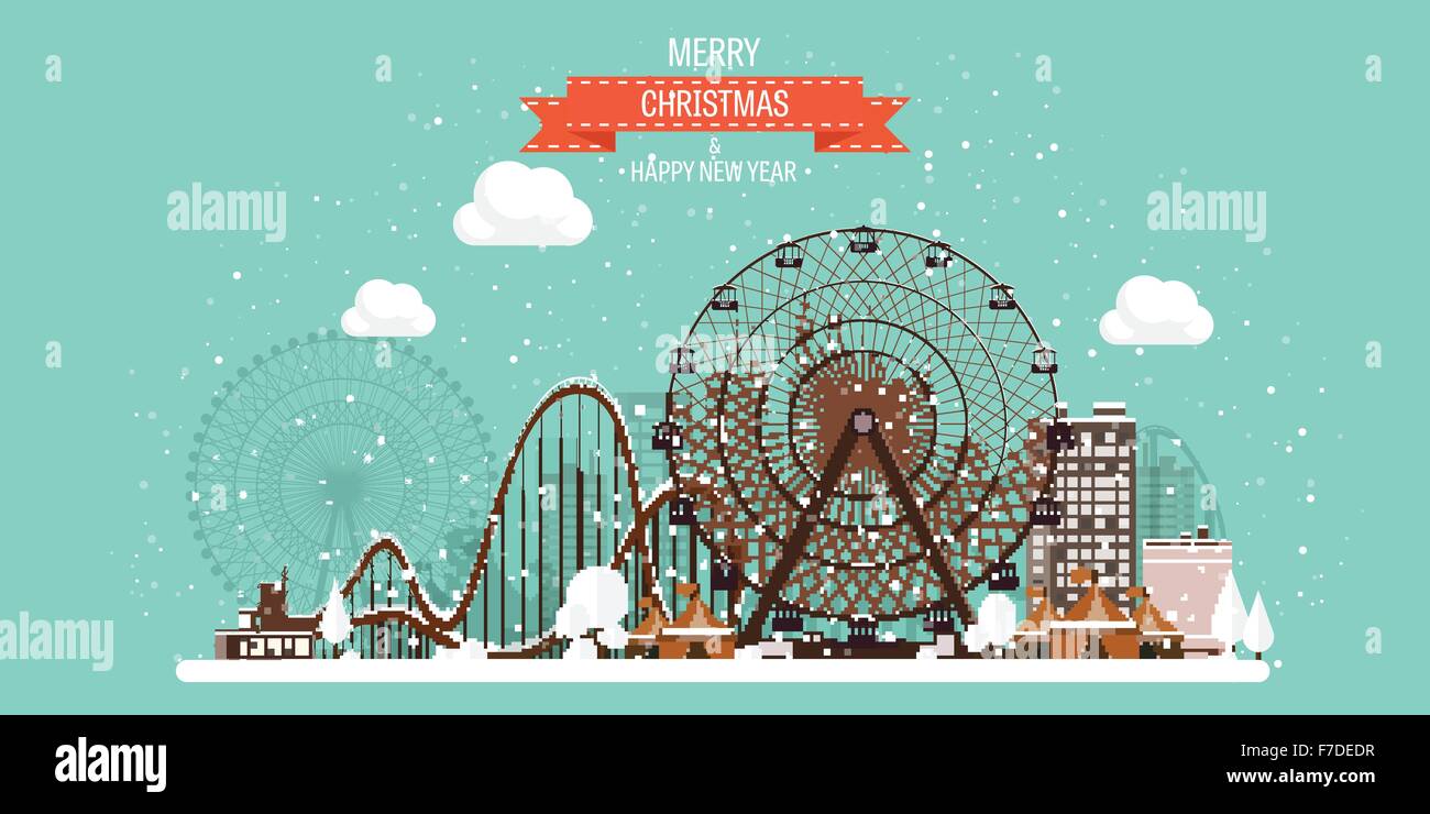 Vector illustration. Ferris wheel. Winter carnival. Christmas, new year ...