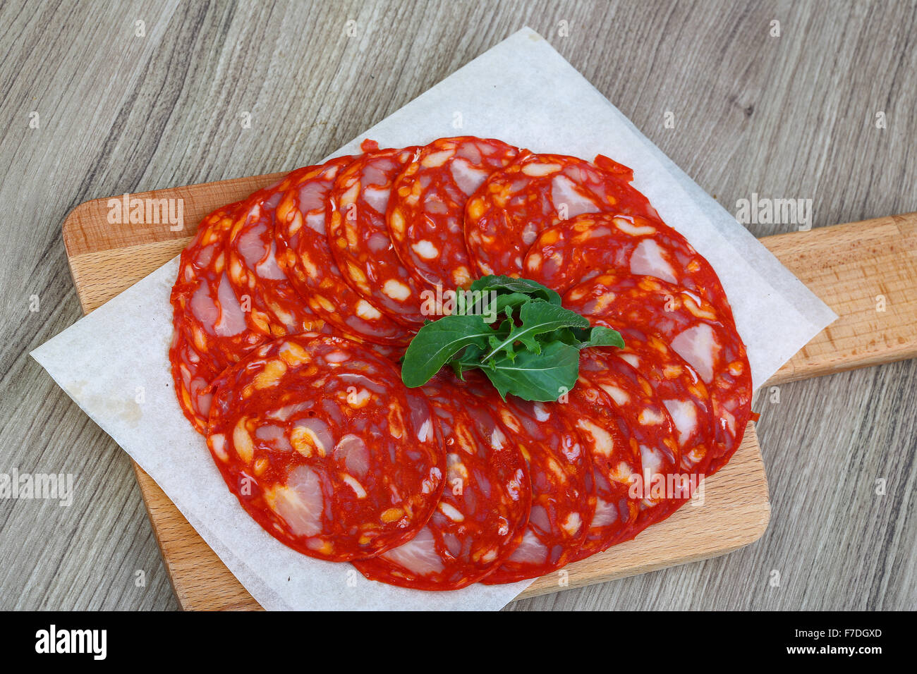 Traditional Spanish salami - Chorizo sausage on the wood background ...