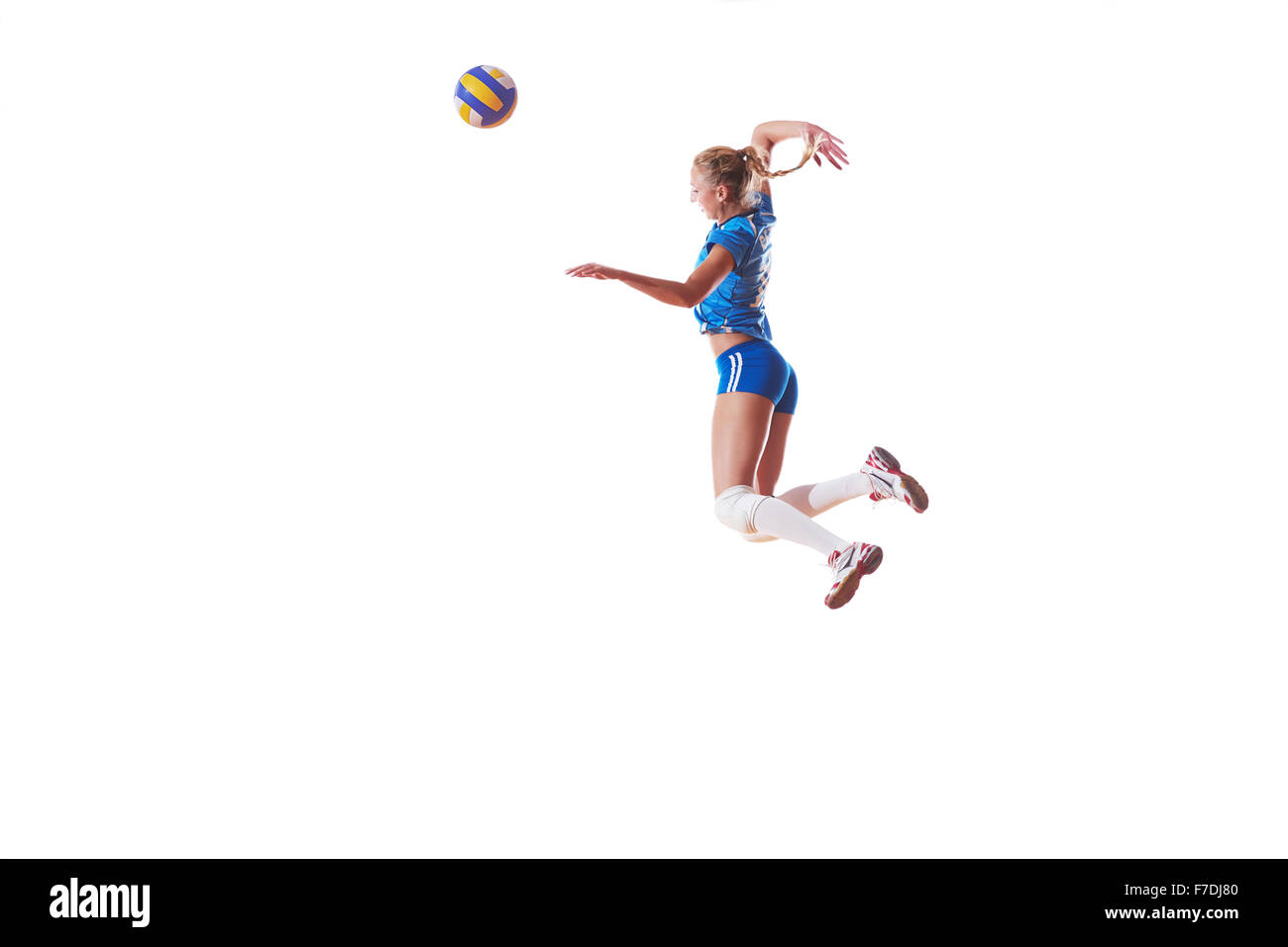 volleyball woman jump and kick ball isolated on white background Stock ...