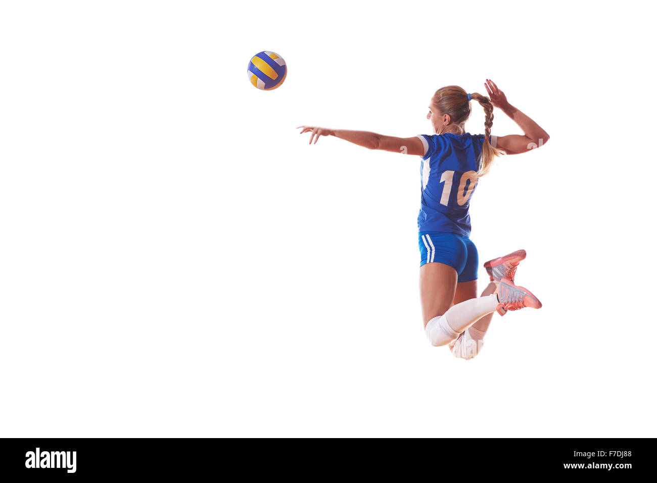 volleyball woman jump and kick ball isolated on white background Stock ...