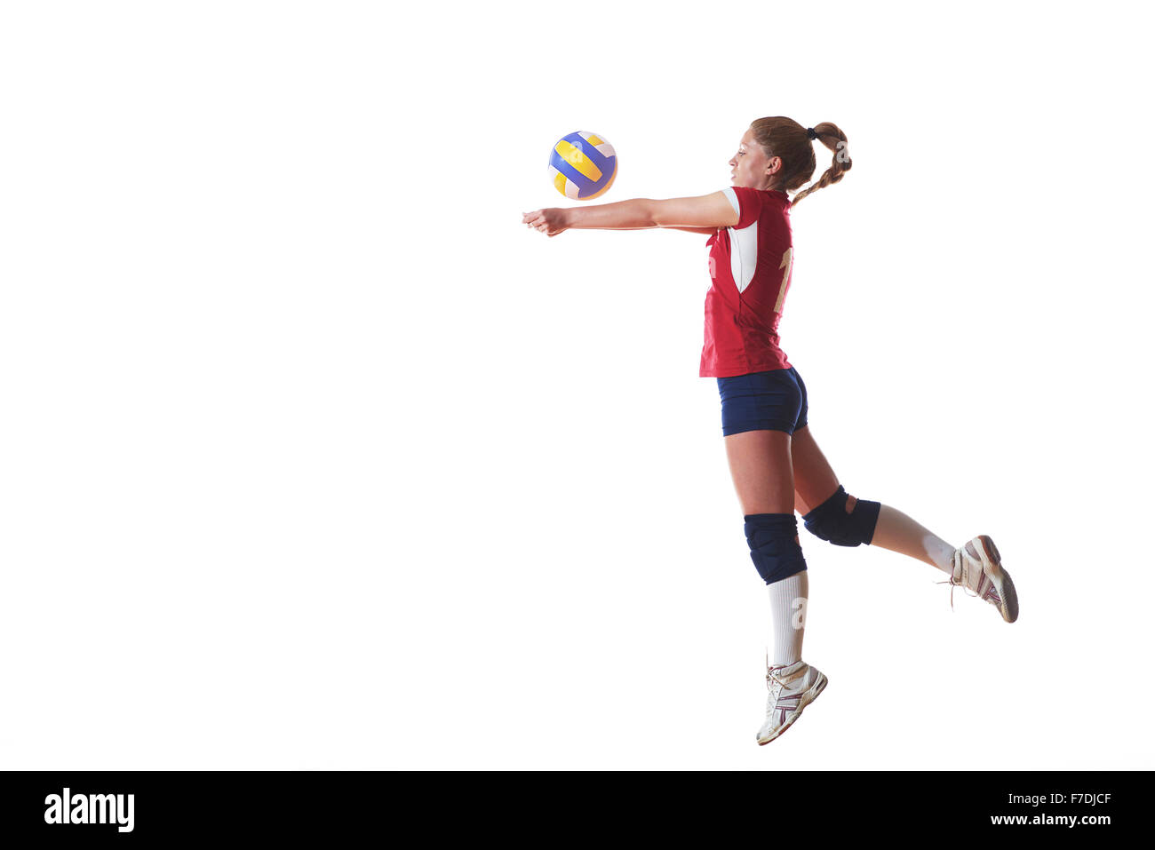 volleyball woman jump and kick ball isolated on white background Stock ...