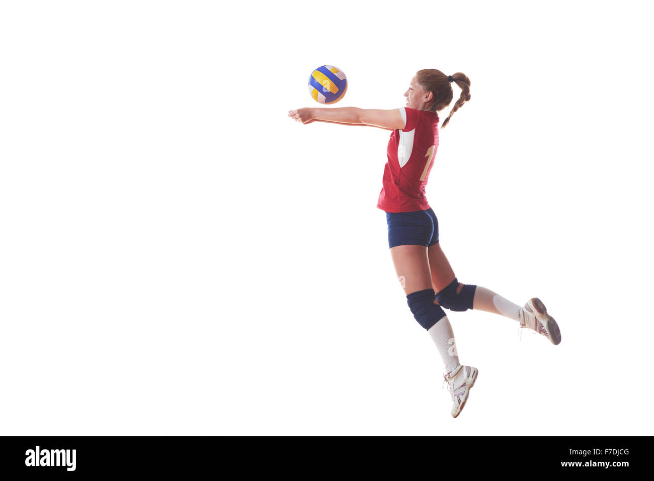 volleyball woman jump and kick ball isolated on white background Stock ...