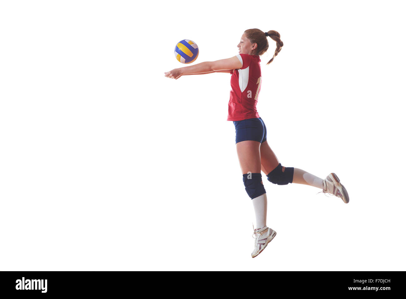 volleyball woman jump and kick ball isolated on white background Stock ...