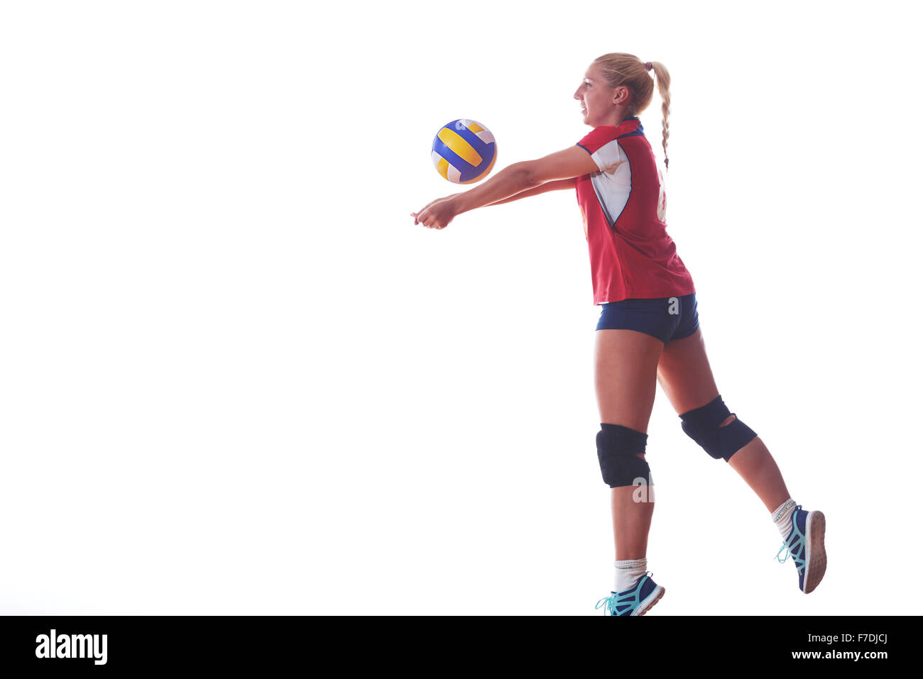 volleyball woman jump and kick ball isolated on white background Stock ...