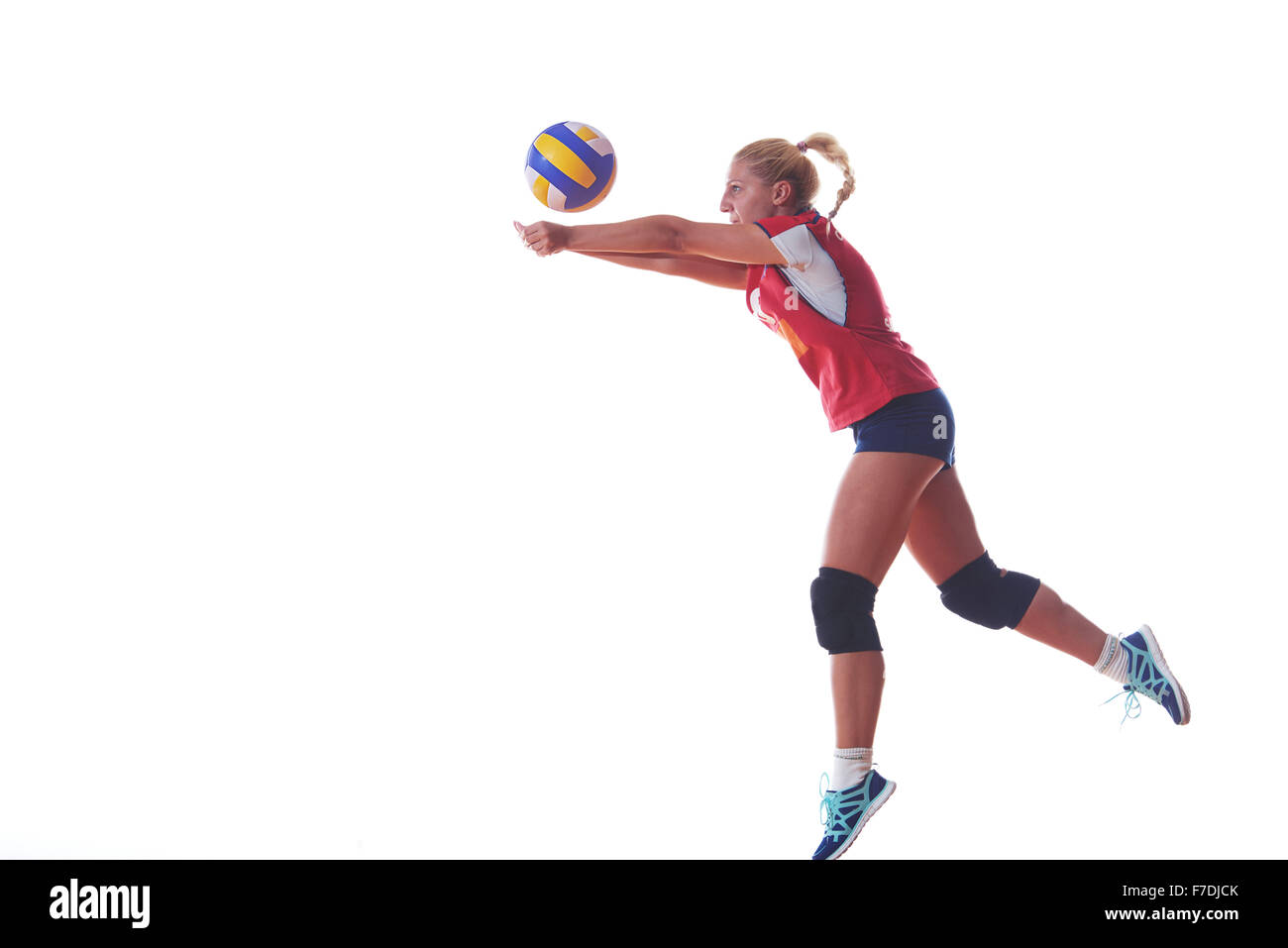volleyball woman jump and kick ball isolated on white background Stock ...