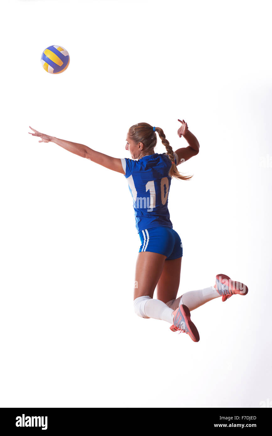 volleyball woman jump and kick ball isolated on white background Stock ...