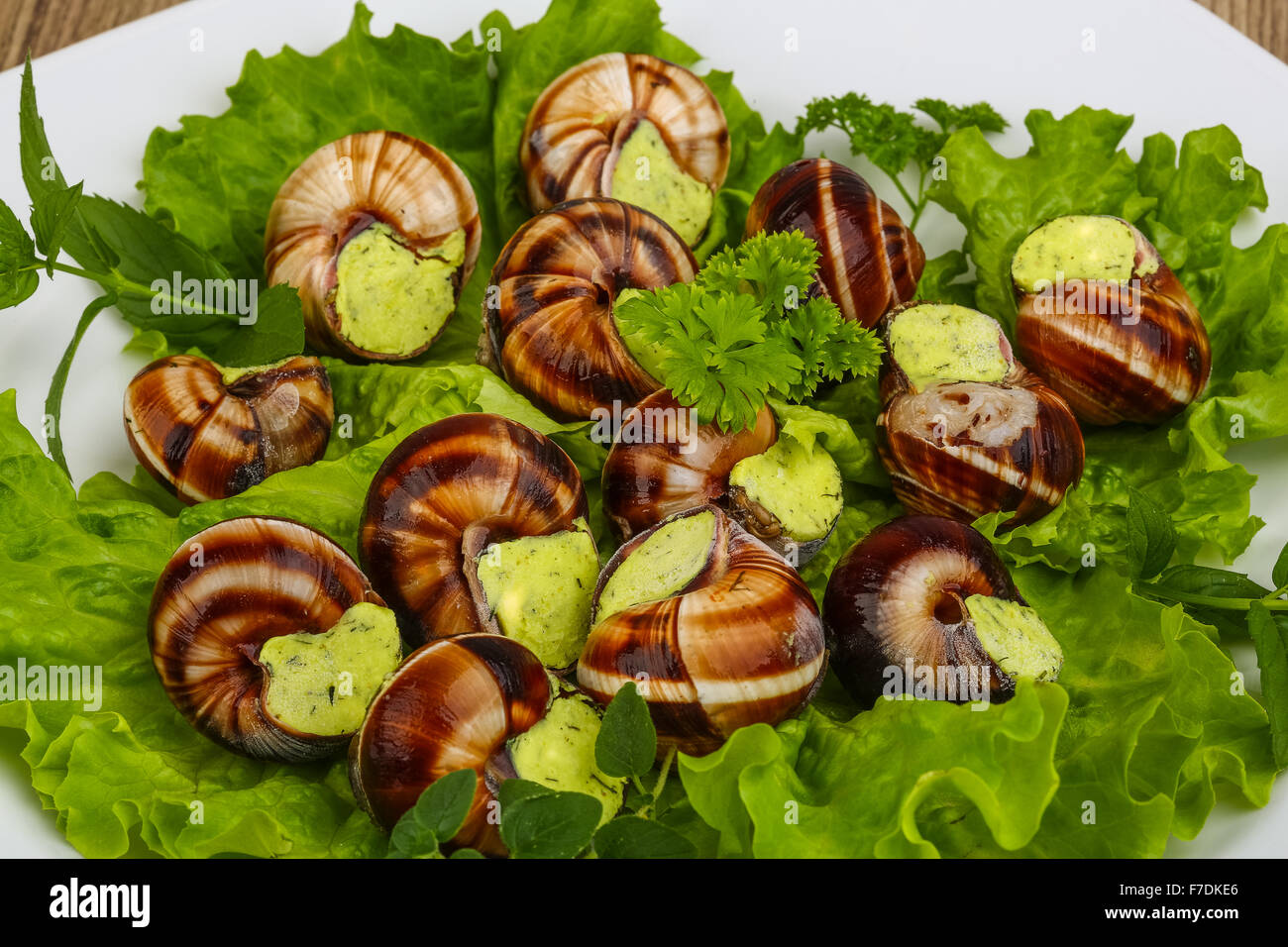 Escargot with parsley butter - served salad and mint leaves Stock Photo ...