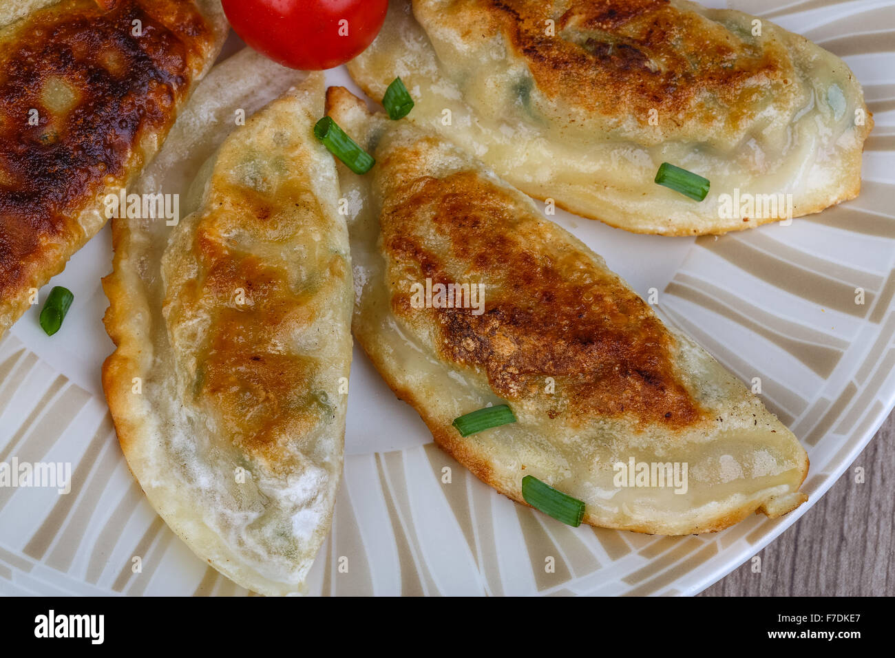 Japanese cousine - Gyoza served green onion and cherry tomato Stock ...