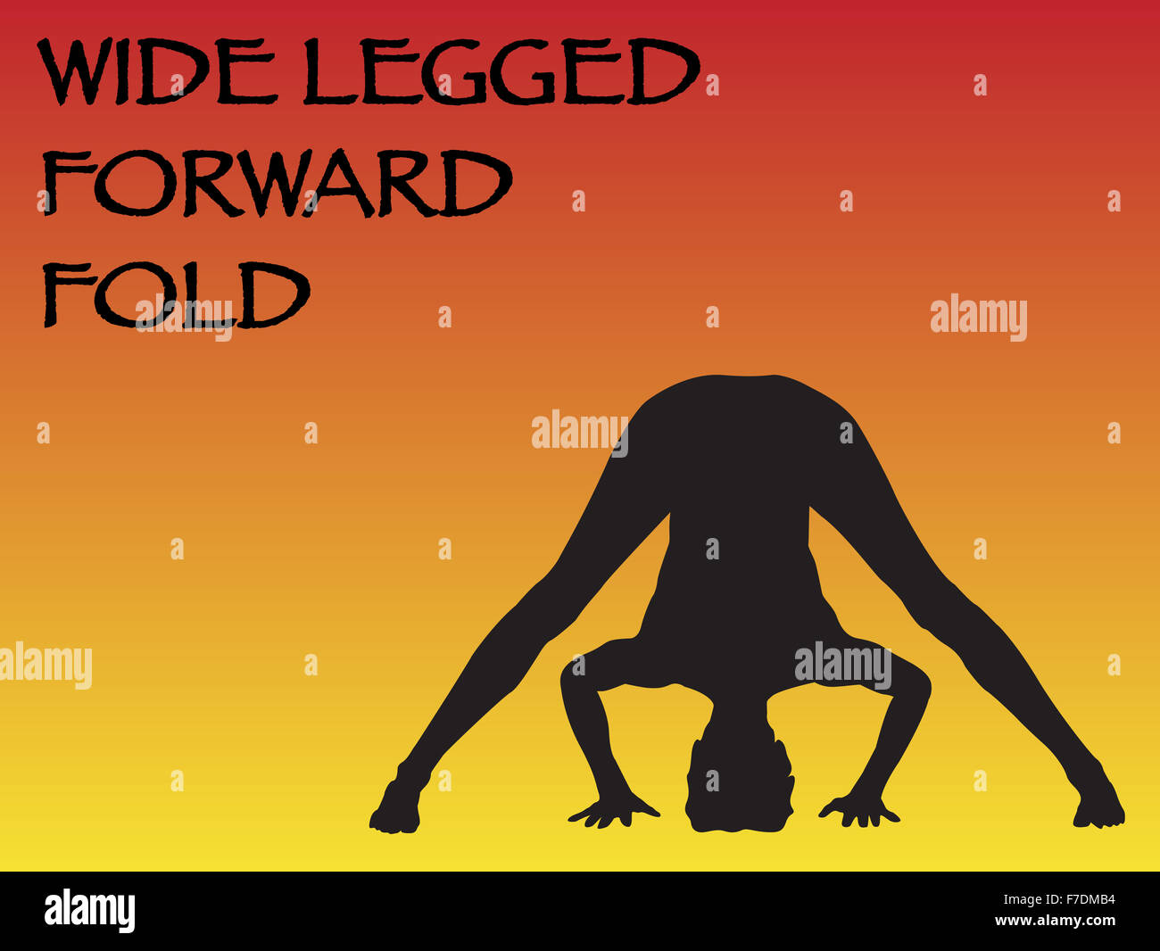 A yoga woman performing wide legged forward fold pose on a colourful ...