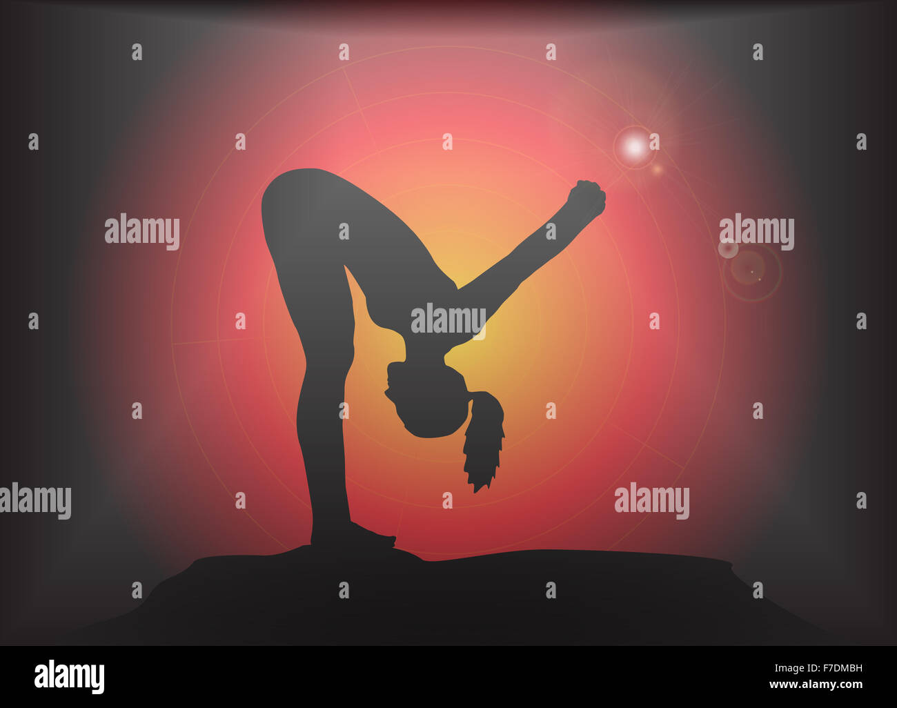 A yoga woman silhouette performing forward fold with hands lock pose on ...