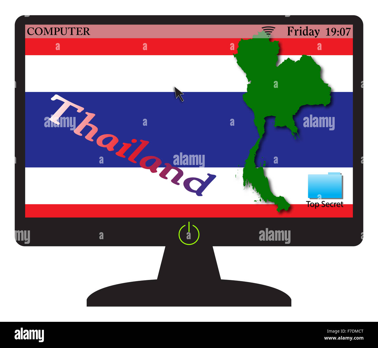 A Thailand computer screen with an on button isolated on a white ...