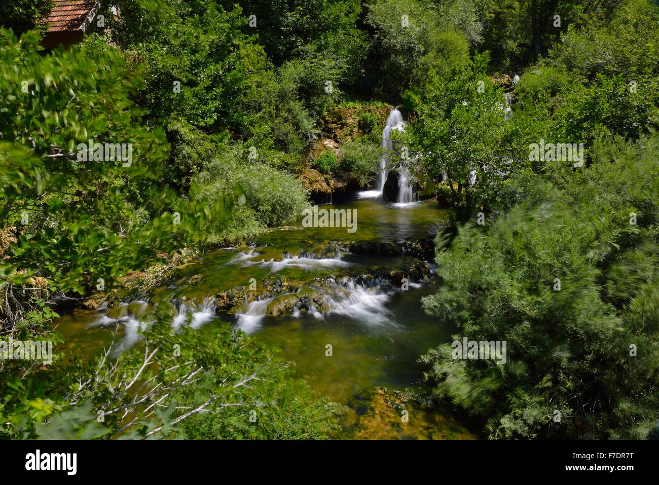 waterfall with clean and fresh water nature with green forest in ...
