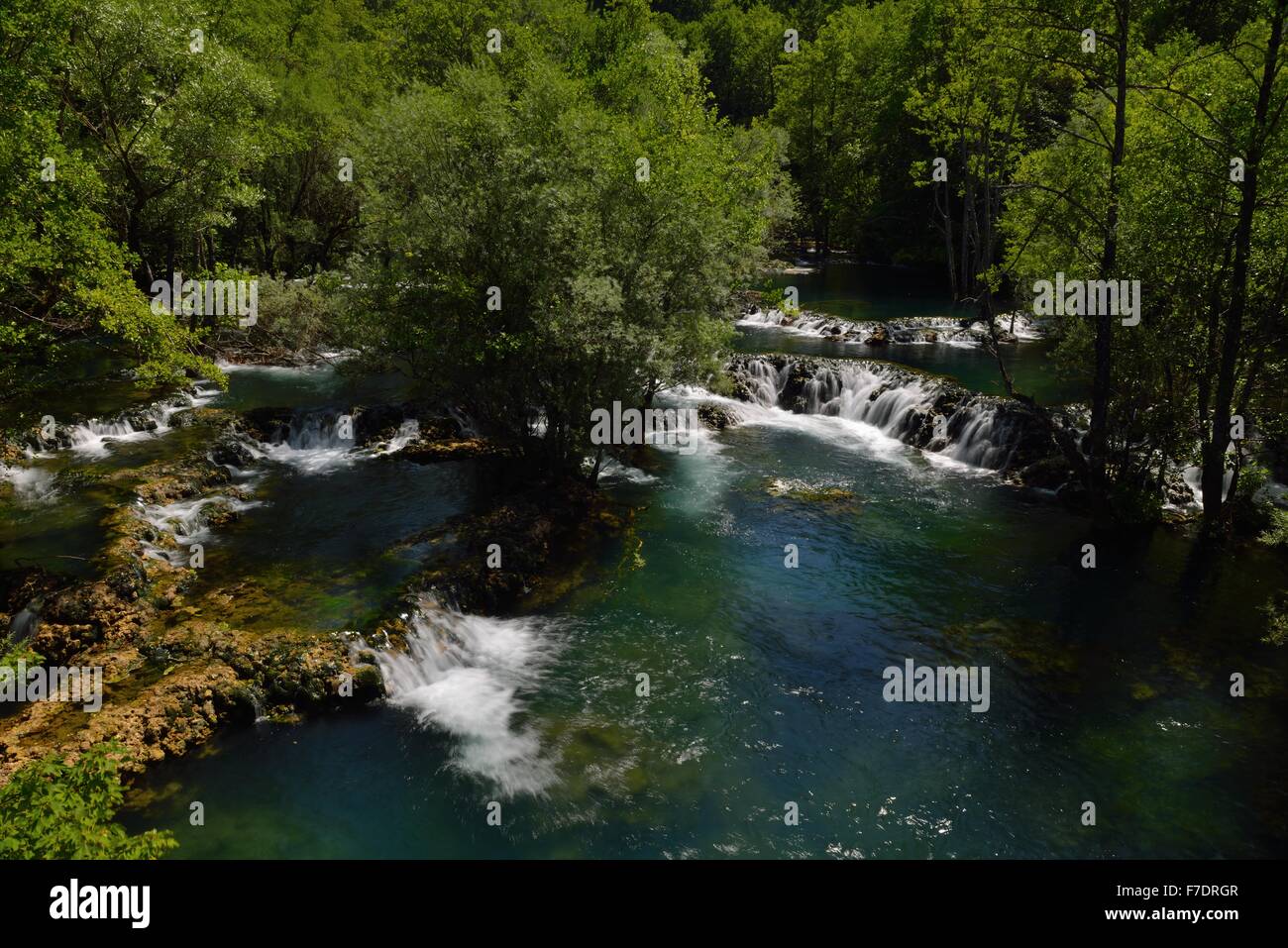 waterfall with clean and fresh water nature with green forest in ...