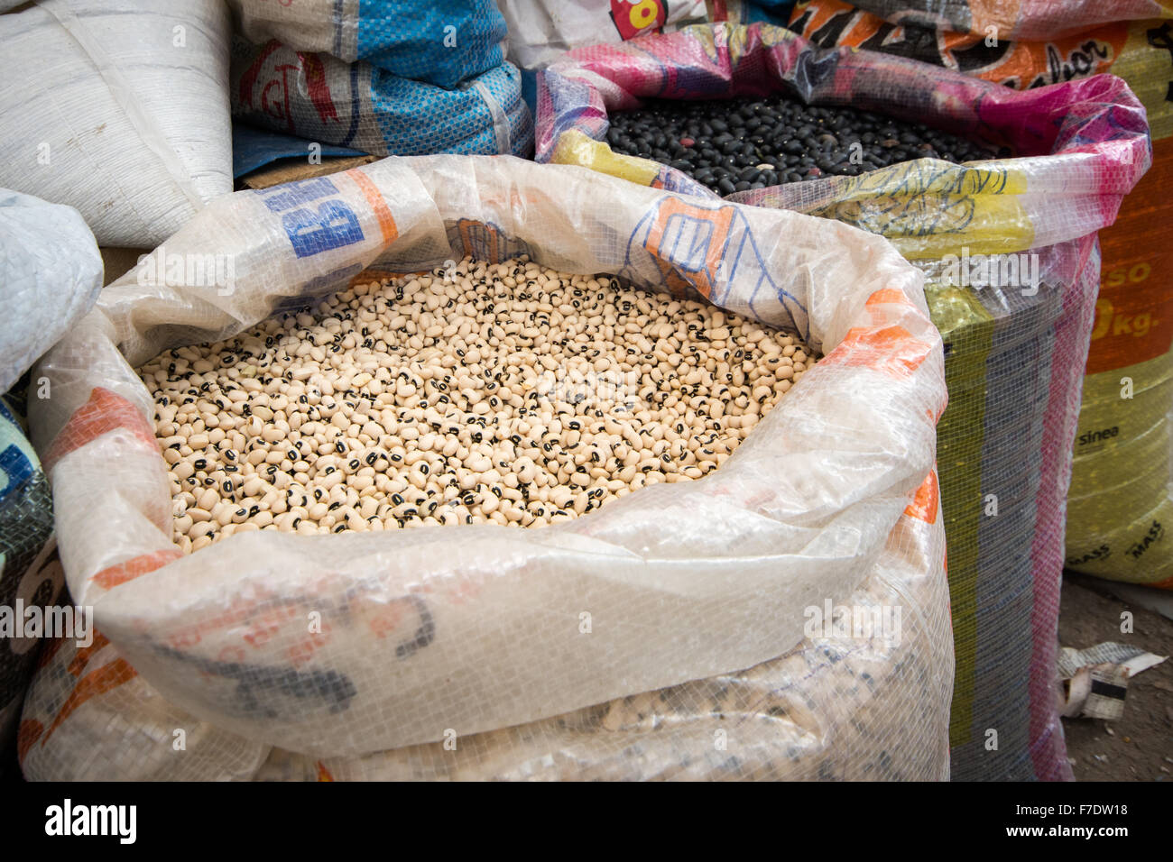 Sacks of beans on sale at Peruvian street market in Cajabamba Stock ...