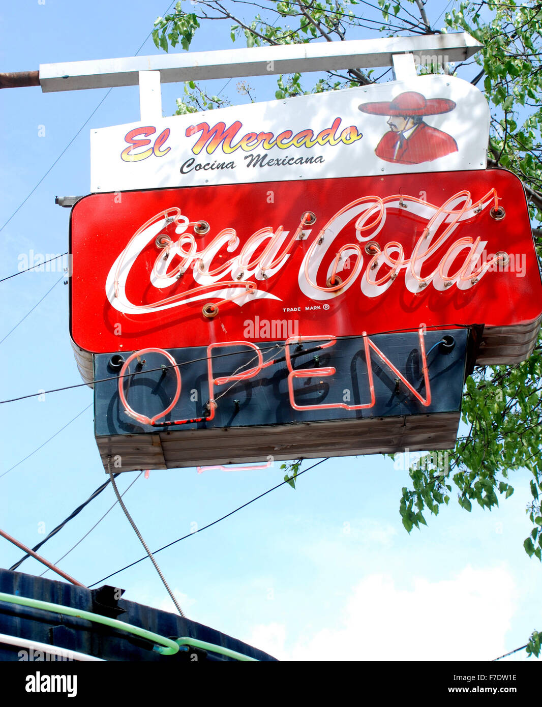 Coca-Cola open sign outside Farmers Market in Dallas, Texas Stock Photo ...