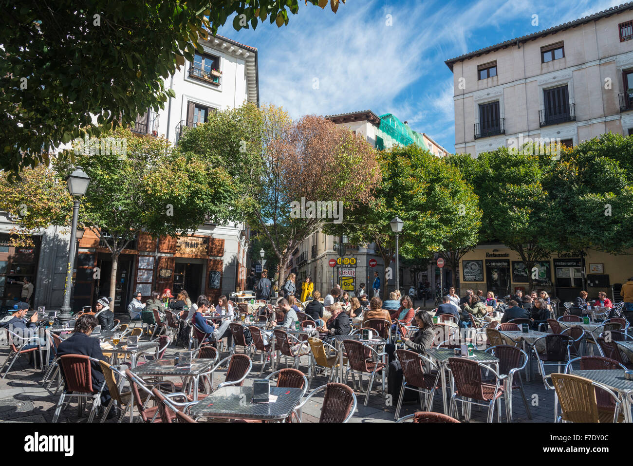 Enjoying the sunshine at a cafe in the Plaza de San Ildefonso, Malasaña ...