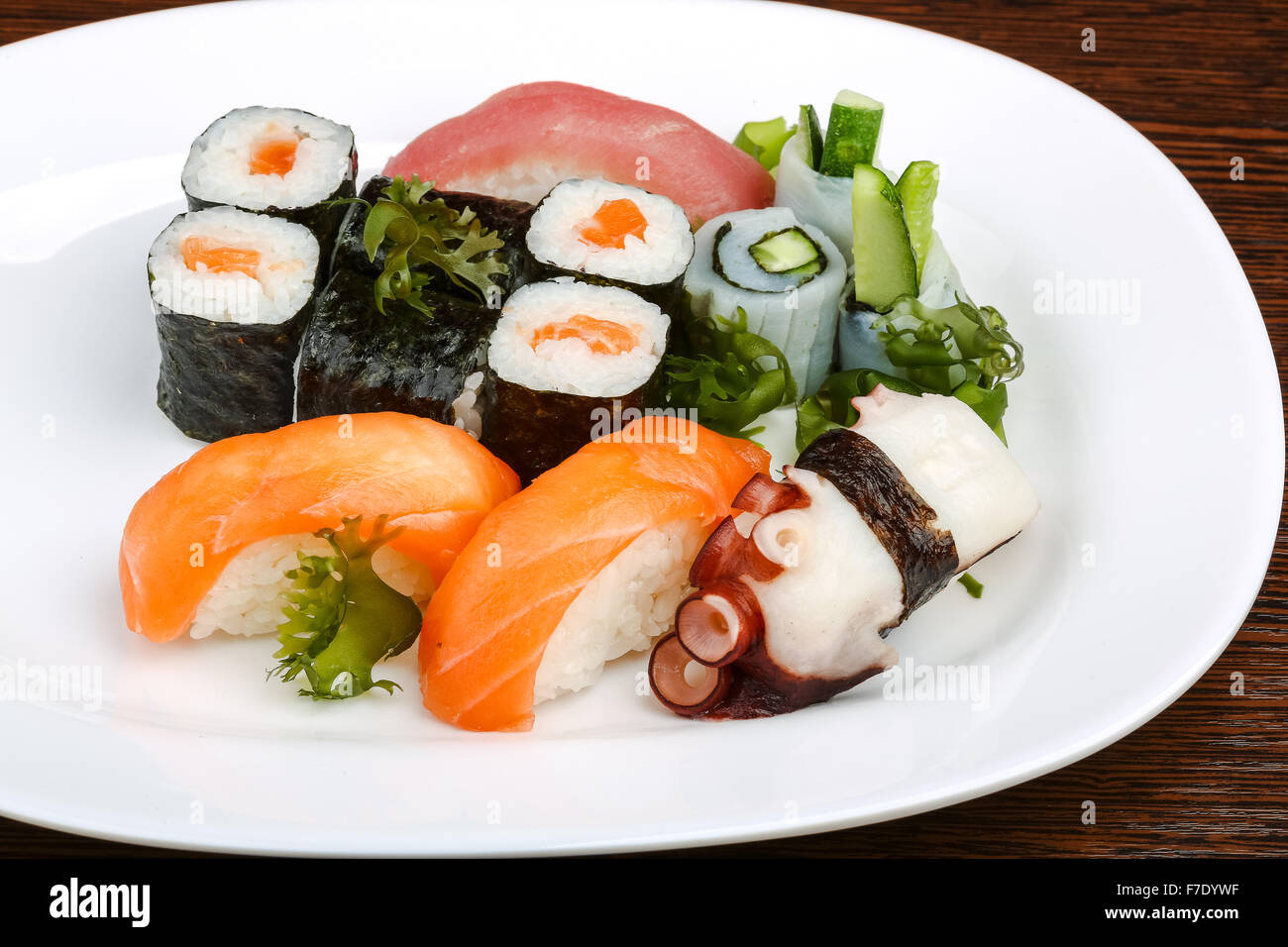 Japan traditional Sushi, sashimi and rolls set Stock Photo - Alamy
