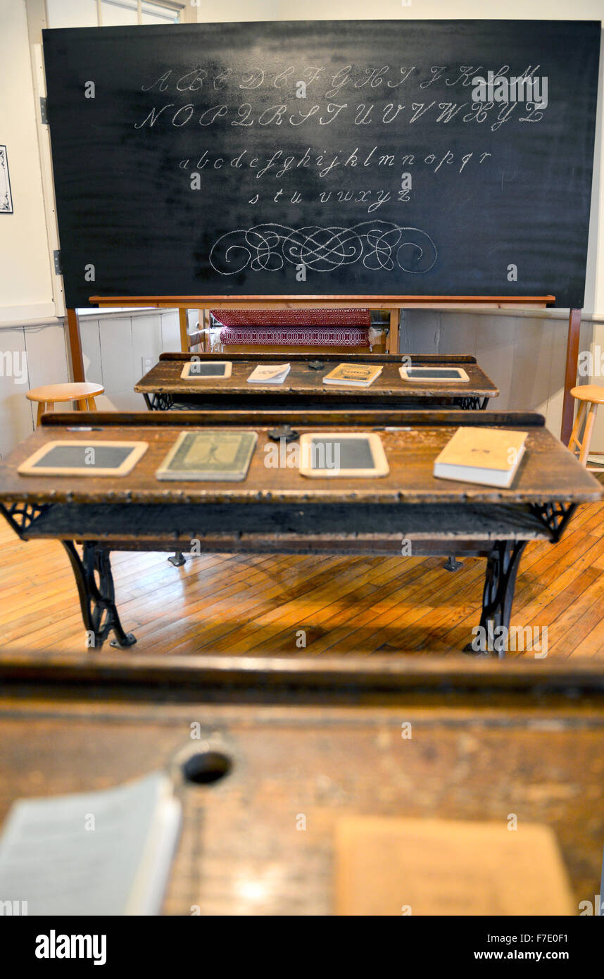 Old one room schoolhouse interior with desks and blackboard Stock Photo ...