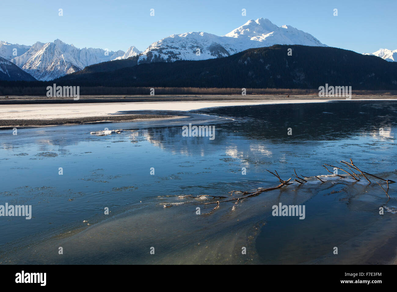 Chilkat River in Southeast Alaska flowing in early winter with ice ...