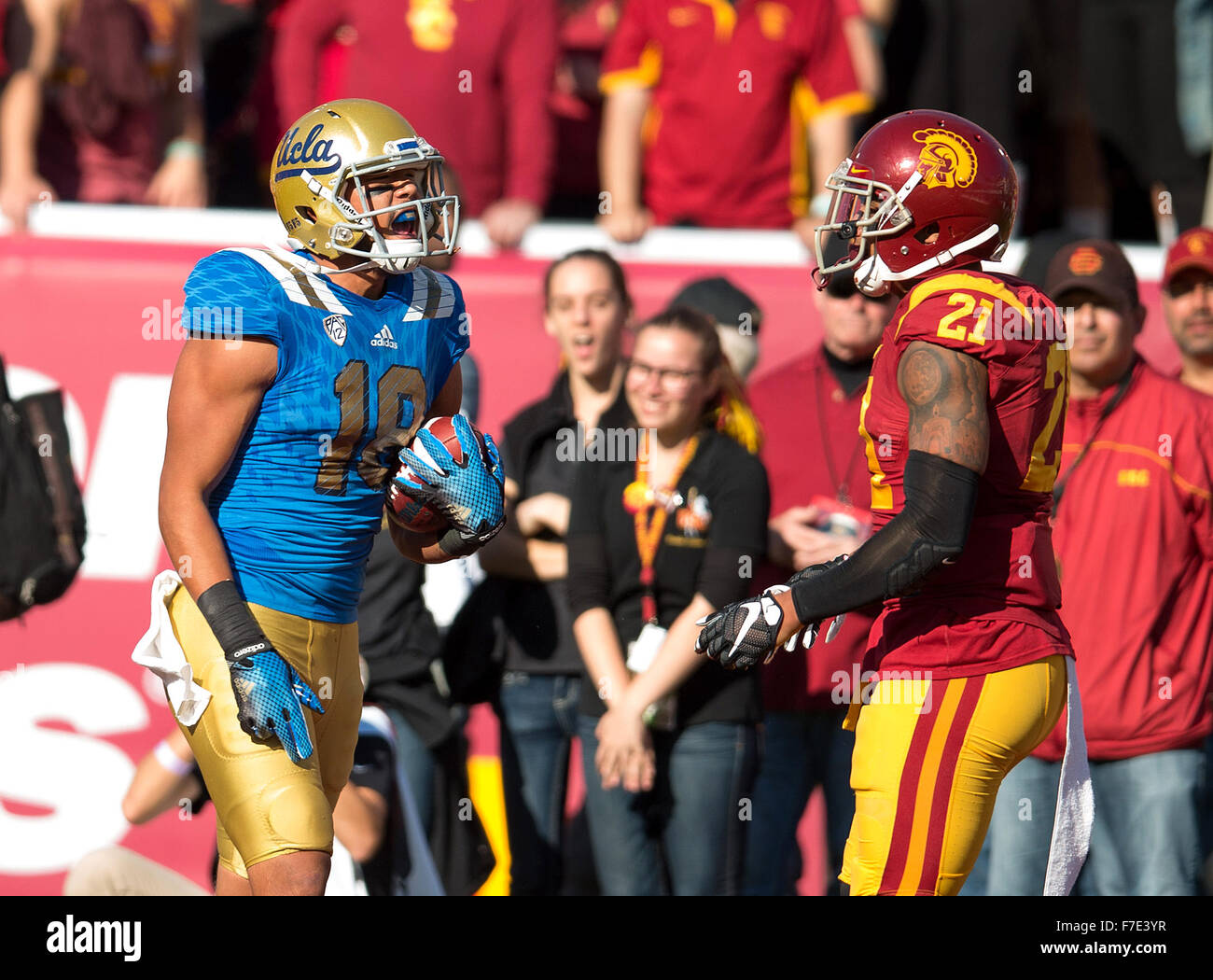 Los Angeles, CA, USA. 28th Nov, 2015. UCLA Bruins wide receiver (18) Thomas Duarte has some ...