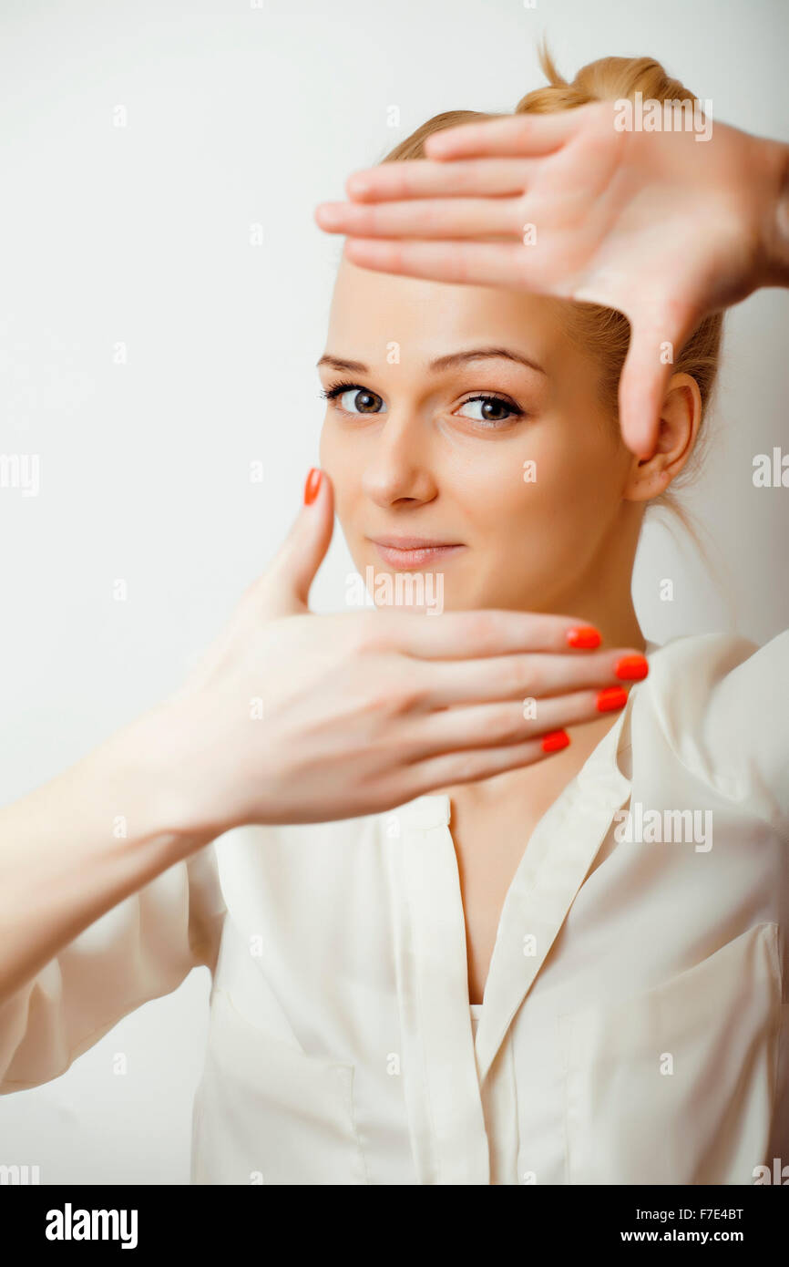 teenage cute blond girl thinking, frustrated, emotional on white ...