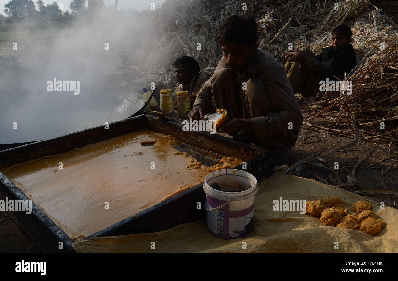 Lahore, Pakistan. 30th Nov, 2015. Pakistani farmers pouring boiled ...