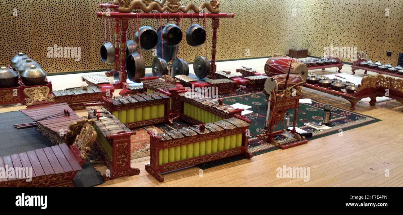 The stage is set for an evening of Javanese music and dance, with gongs ...