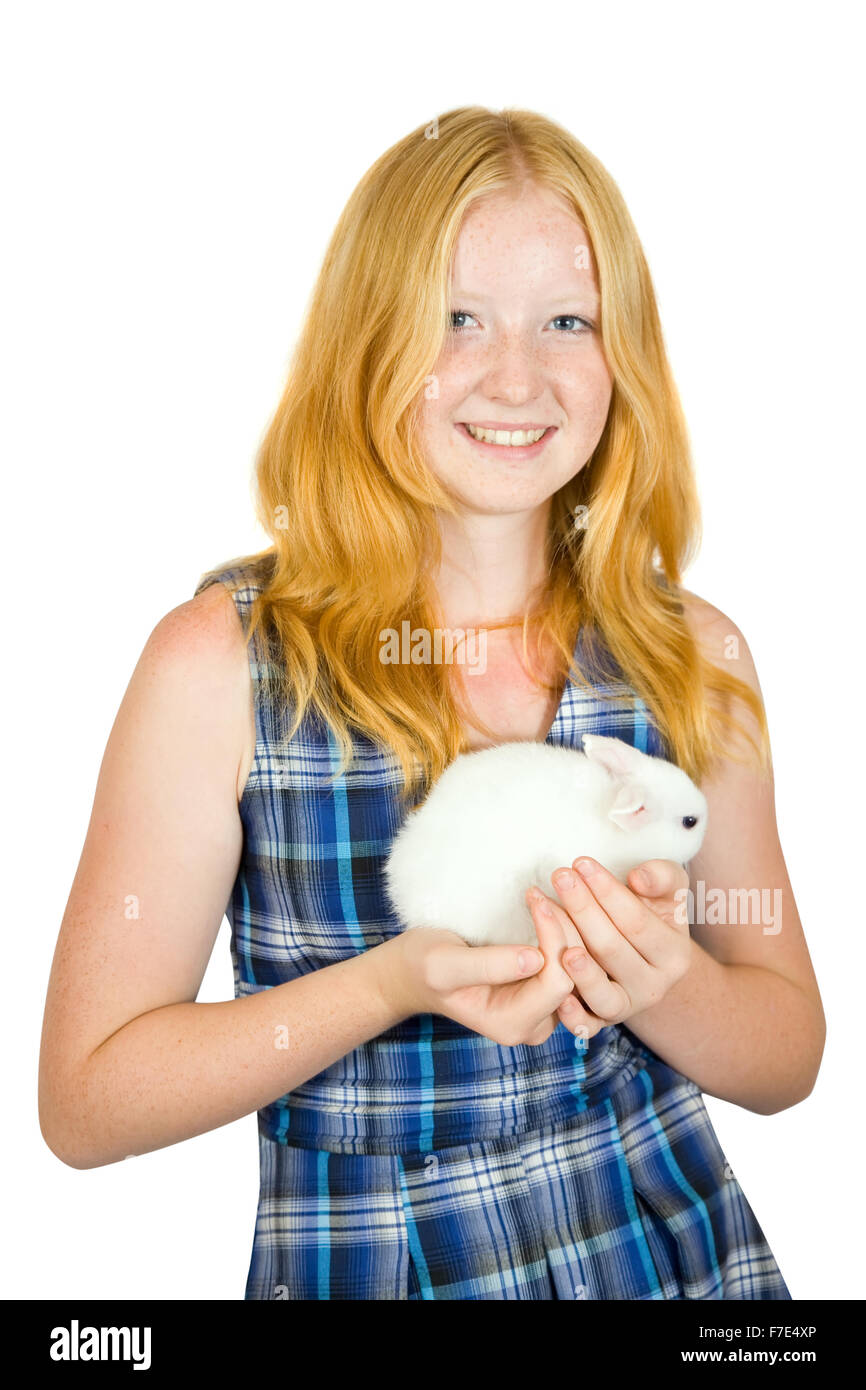 girl with pet rabbit, isolated on white background Stock Photo - Alamy