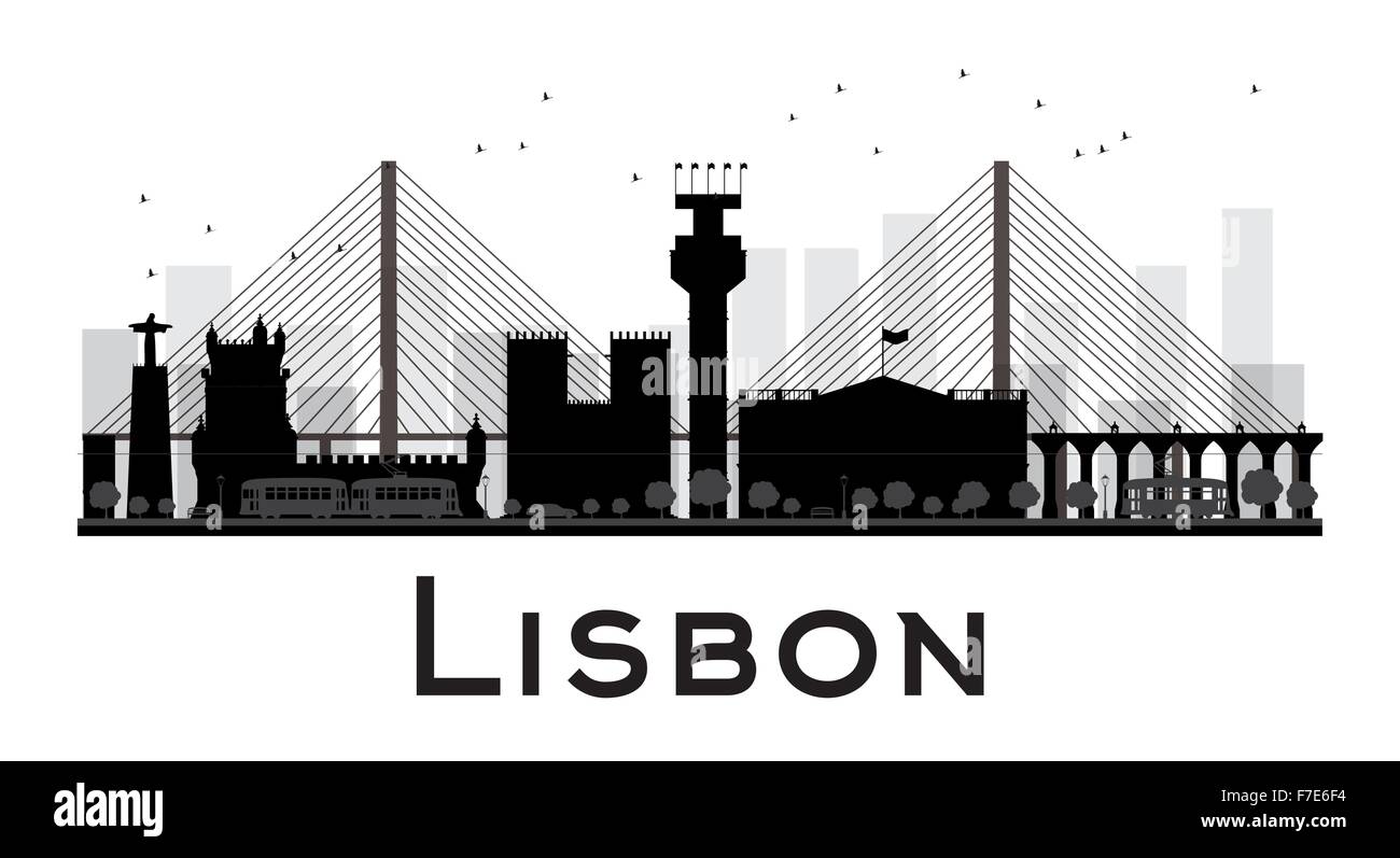 Lisbon City skyline black and white silhouette. Vector illustration ...