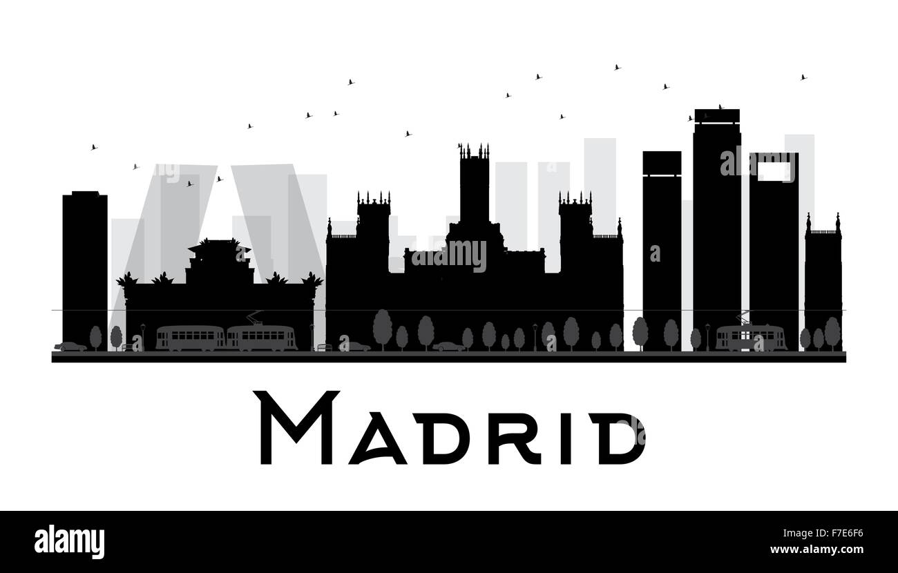 Madrid City skyline black and white silhouette. Vector illustration ...