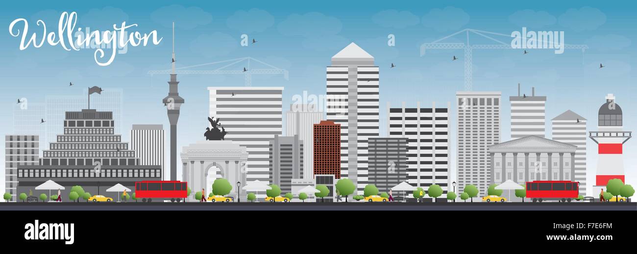Wellington skyline with grey buildings and blue sky. Vector ...