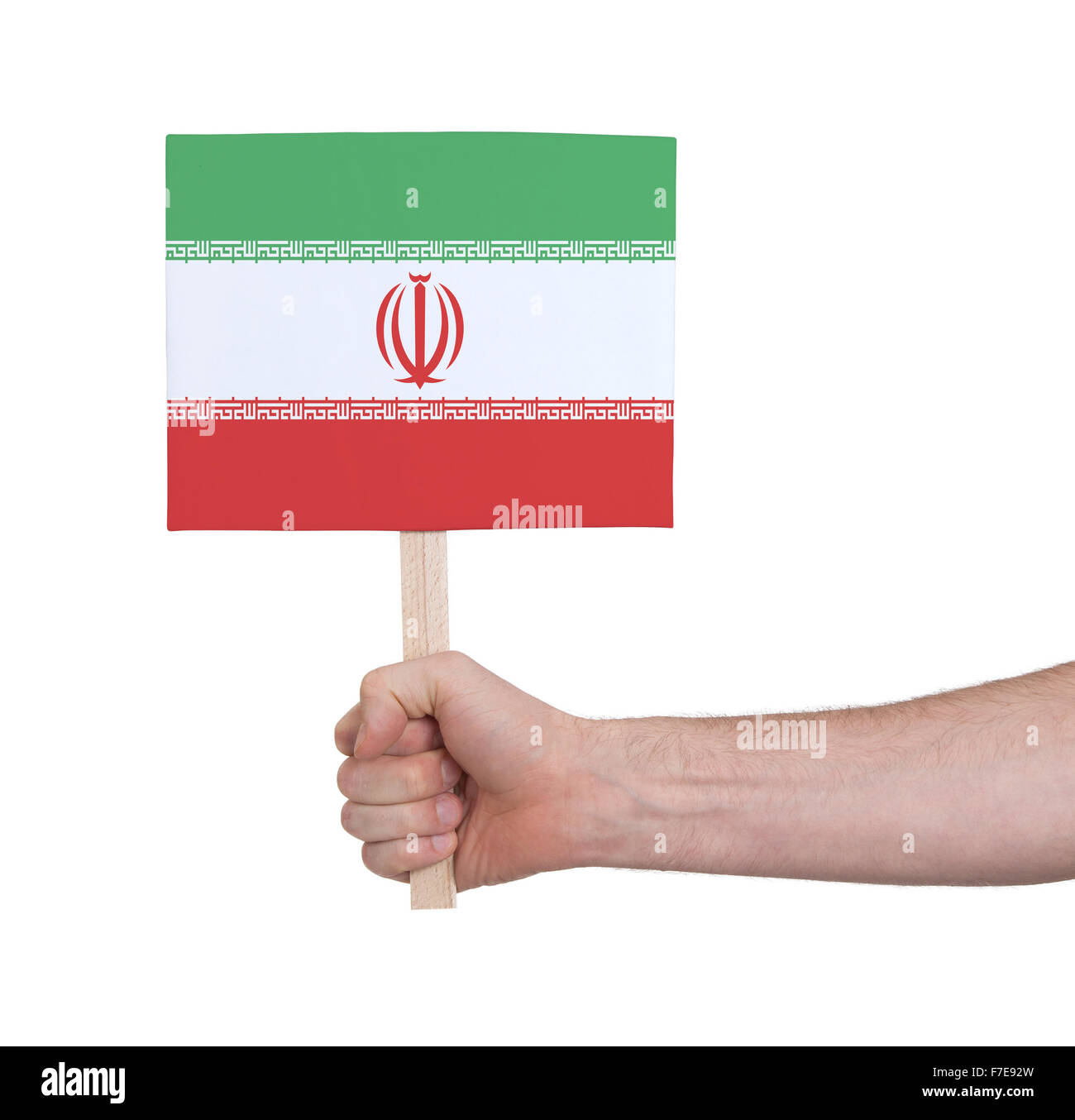 Hand holding small card, isolated on white - Flag of Iran Stock Photo ...