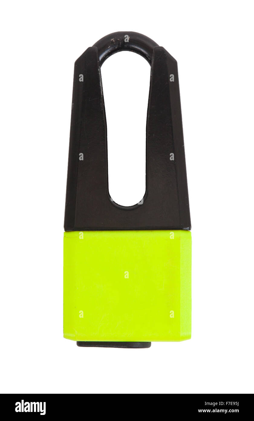 Heavy disc lock for motorcycle, isolated on white background, yellow ...