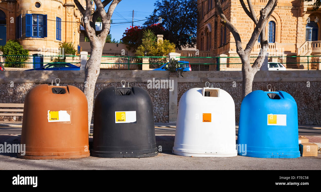 Recycle bin containers to separate materials (Malta Stock Photo - Alamy