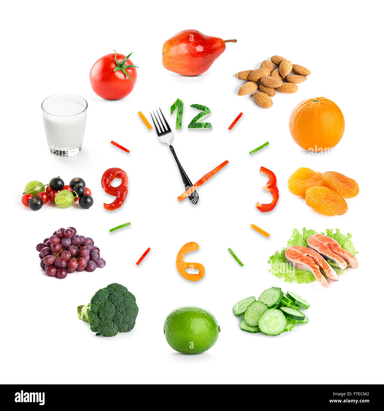 Food clock with healthy food on white background. Food concept Stock ...