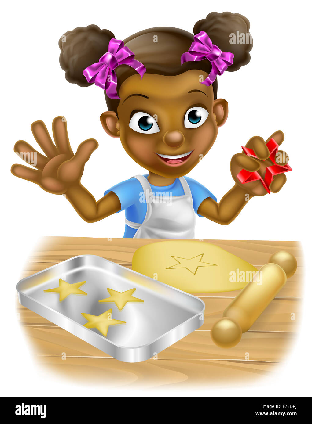 Happy little black girl child playing at being a baker baking cookies ...