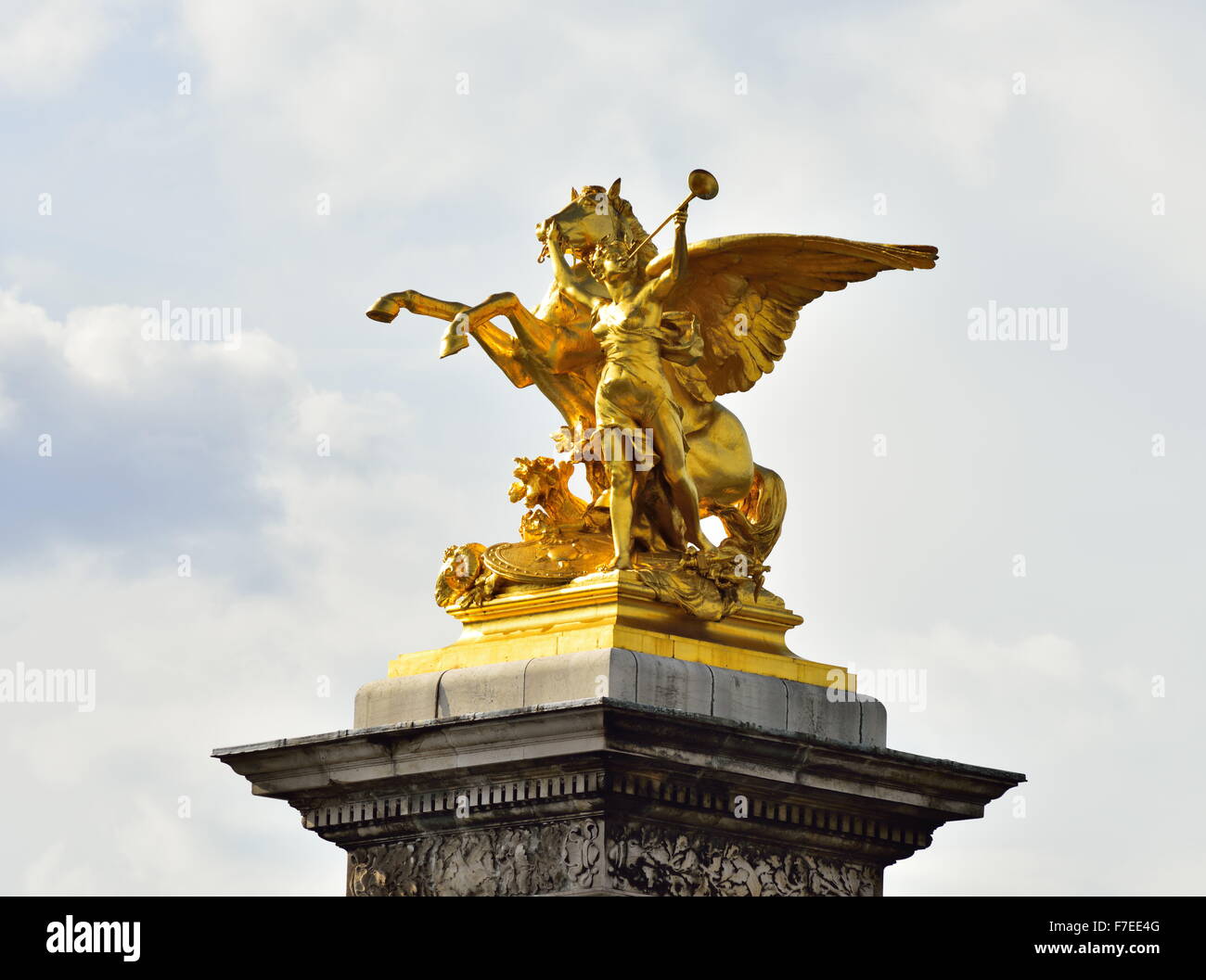 Bronze statue of Pegasus on a pillar at the bridge Alexandre III, Paris ...