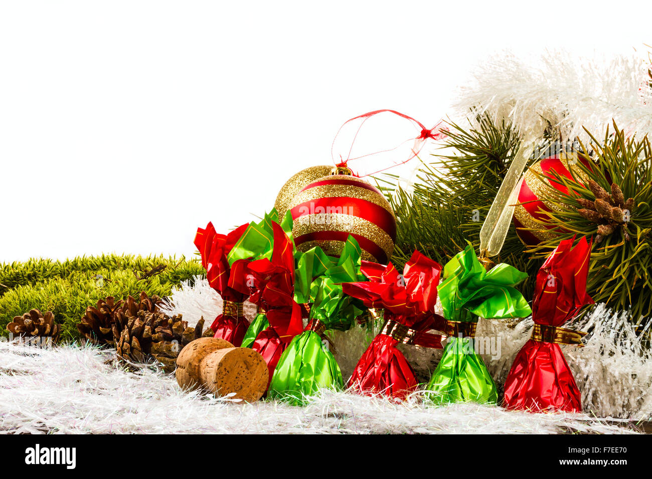 New Year Christmas-tree background with pine cone, christmas ball ...