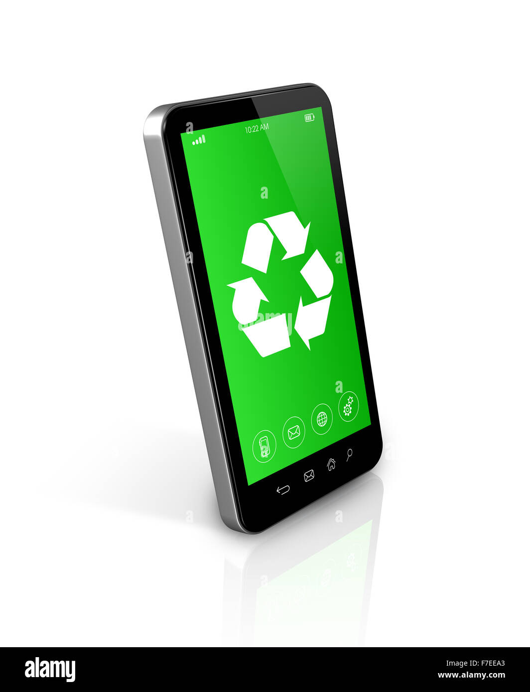 3D Smartphone with a recycling symbol on screen. environmental ...