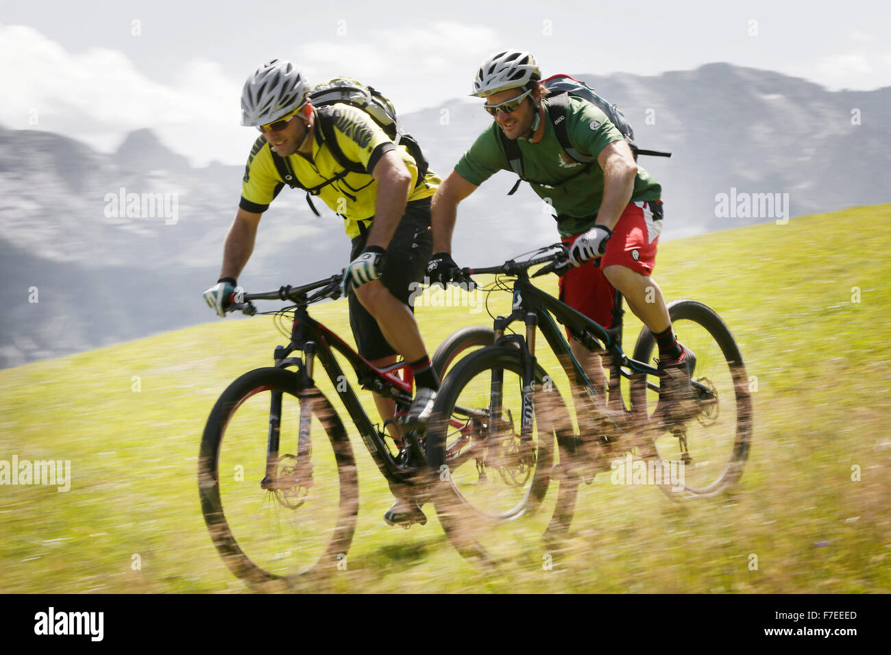 Two mountain bikers off roading, Eckbauer, Garmisch-Partenkirchen ...