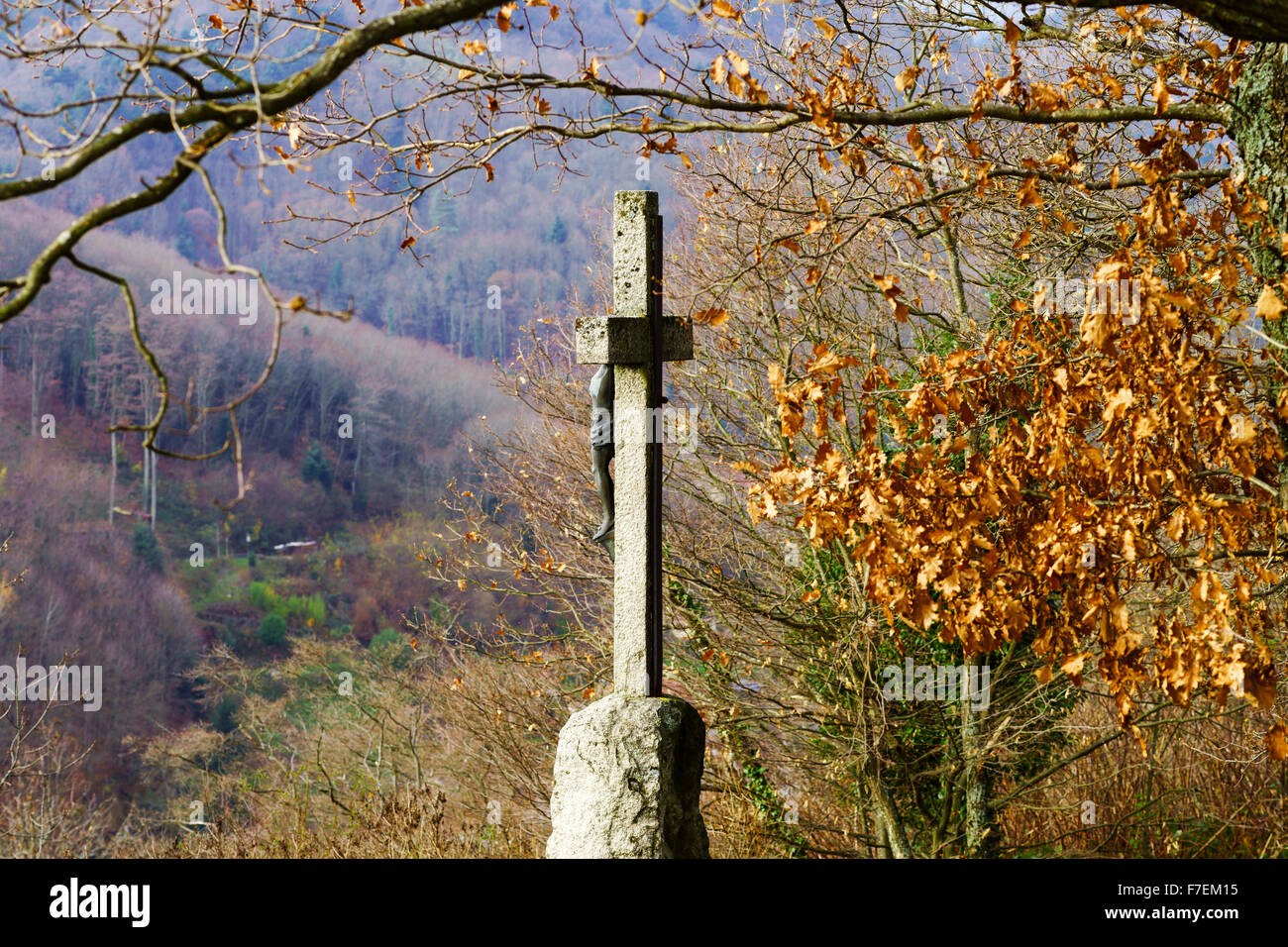 Religion cross on the hill in Alsace, France Stock Photo - Alamy