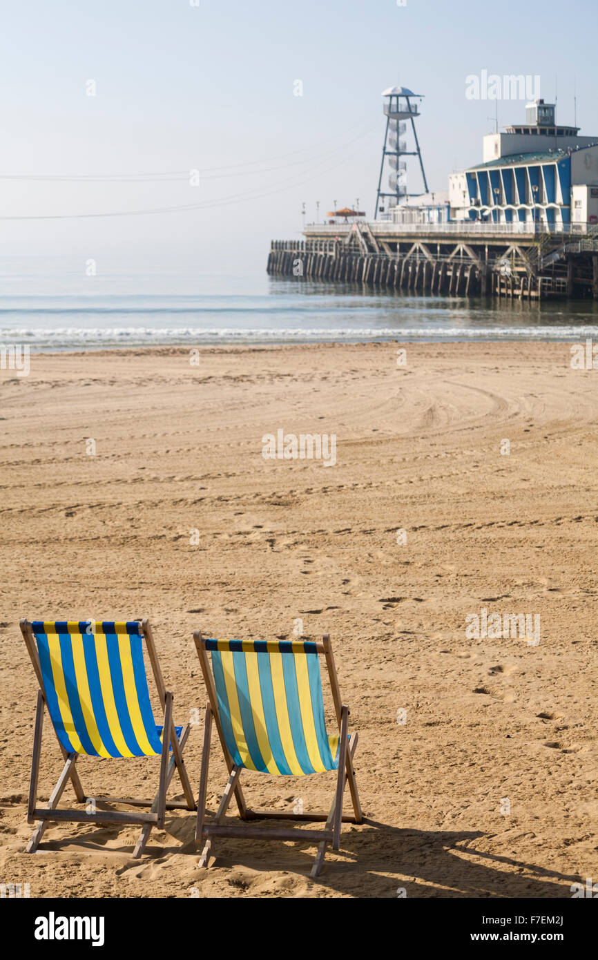deckchairs on empty beach at Bournemouth in April Stock Photo - Alamy