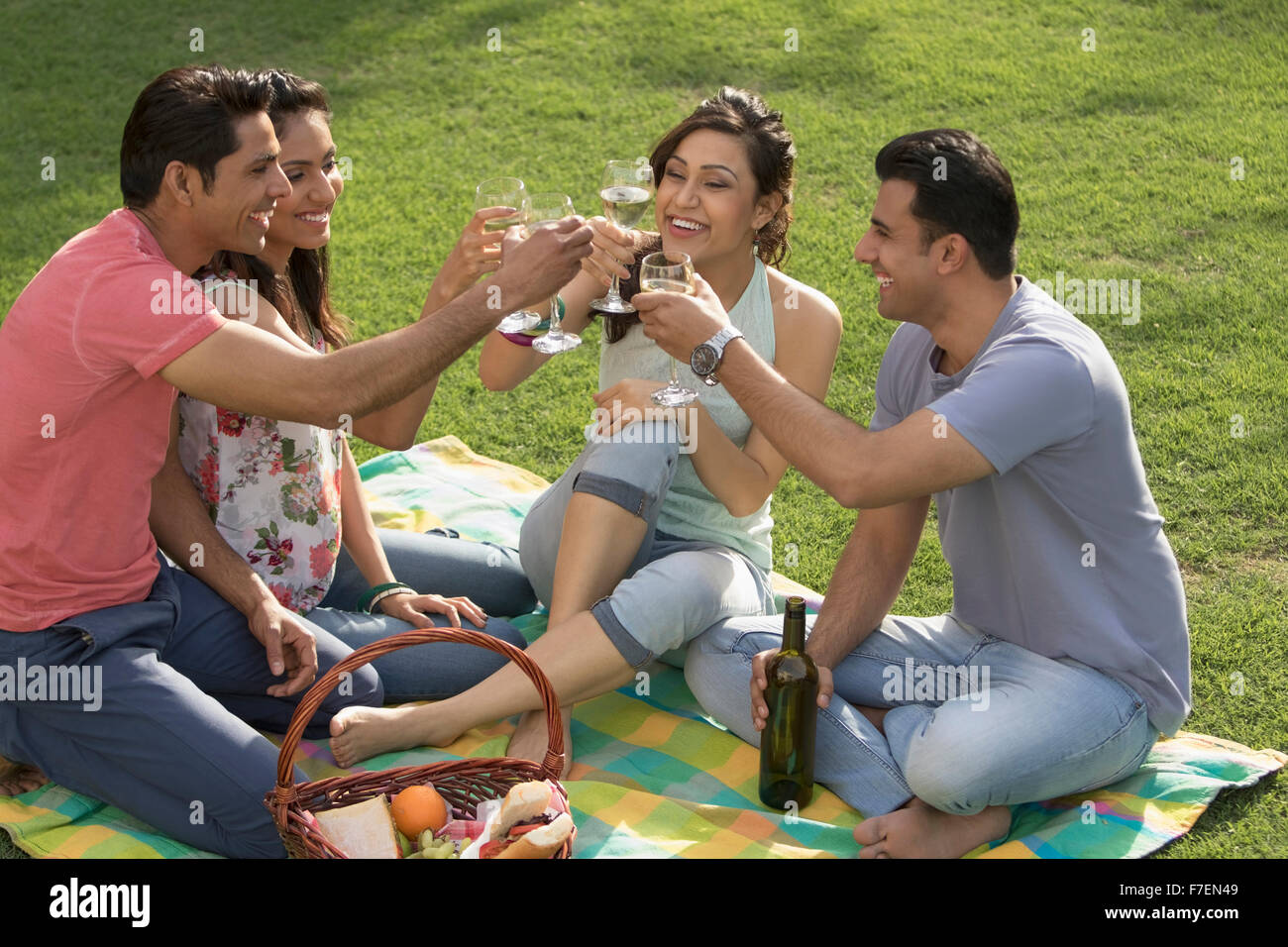 Four friends saying Cheers at picnic Stock Photo - Alamy
