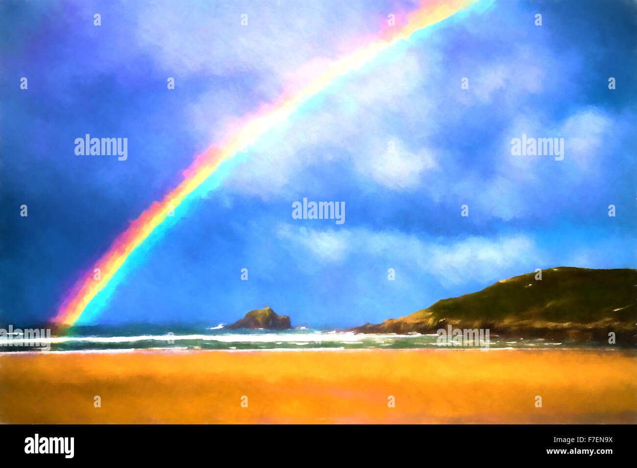 Rainbow at the beach with island sand and sea Crantock Newquay Cornwall ...