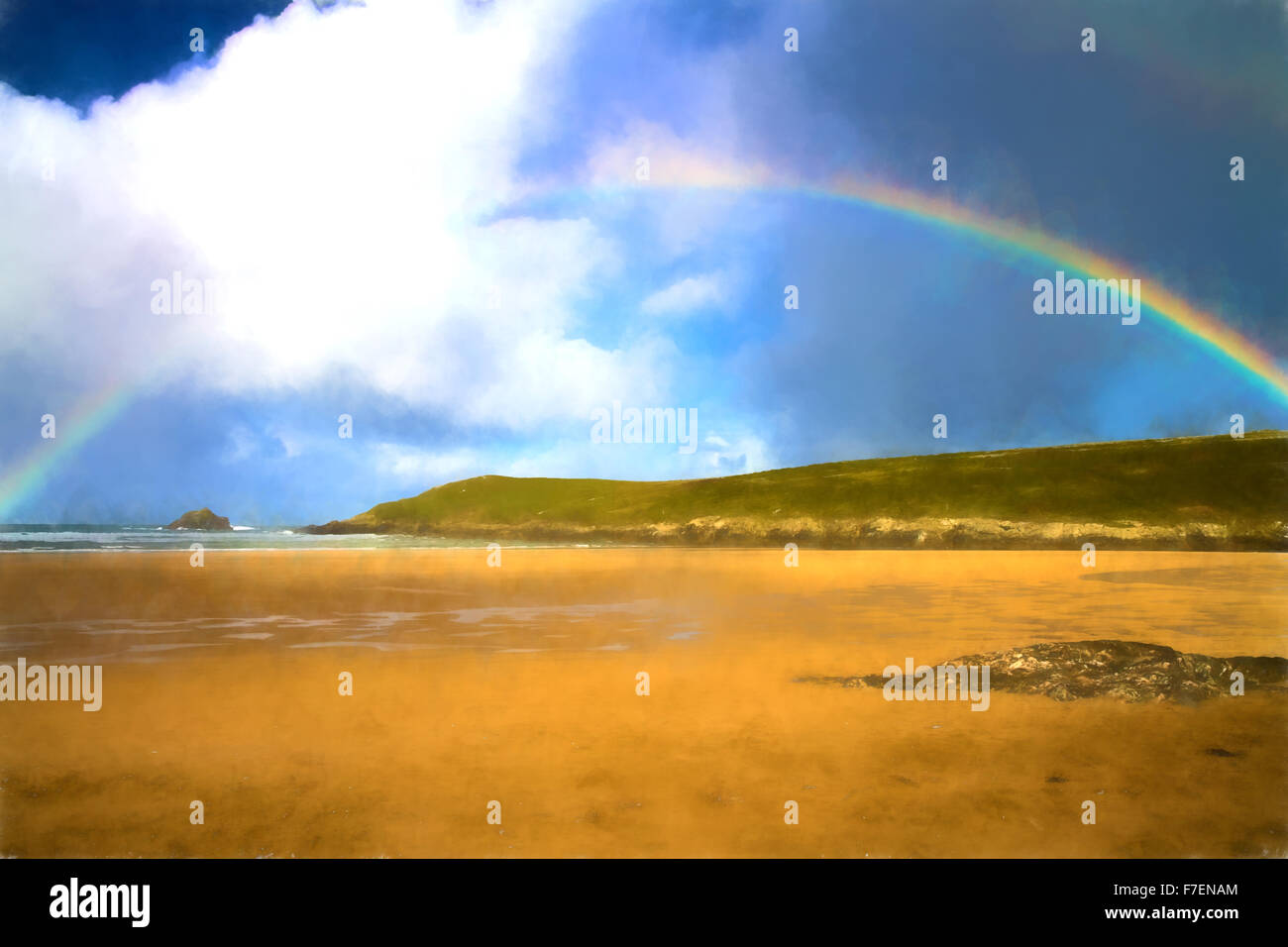 Rainbow at the beach with island sand and sea Crantock Newquay Cornwall ...